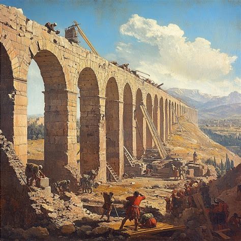 The Construction Of A Roman Aqueduct With Engineers And Laborers At