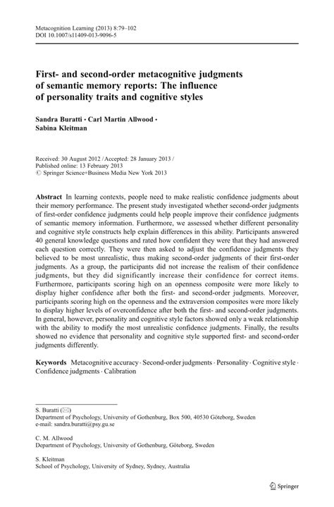 Pdf First And Second Order Metacognitive Judgments Of Semantic