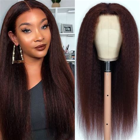 Odir Kinky Straight Human Hair Wig Reddish Brown Lace Front