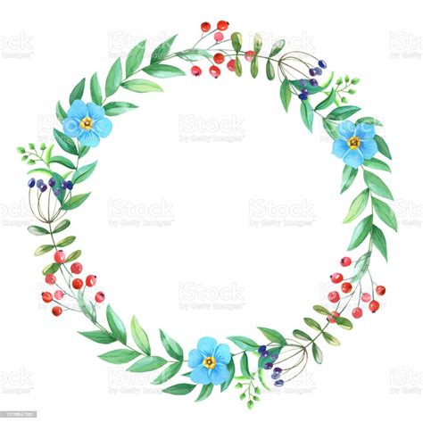 수채화 봄 화환 과 푸른 잊지나아니s Myosotis 꽃 나뭇 가지 녹색 잎 베리 0명에 대한 스톡 벡터 아트 및 기타 이미지 Istock