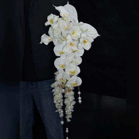 Waterfall Bridal Bouquet With White Anthurium Orchid And Pearl Tassel