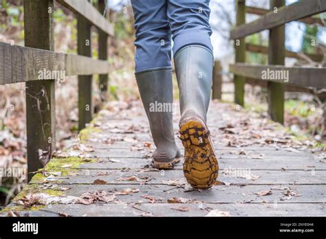 Rear Low Pov Of A Woman Wearing Muddy Green Wellies Walking On A