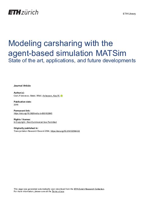 Pdf Modeling Carsharing With The Agent Based Simulation Matsim State Of The Art Applications
