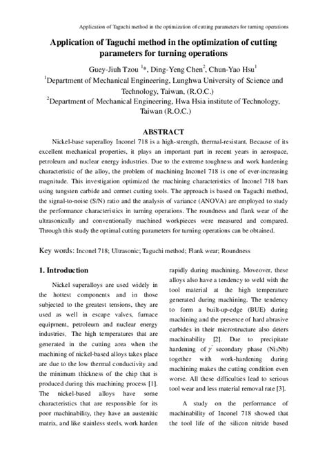 Pdf Application Of Taguchi Method In The Optimization Of Cutting Parameters For Surface