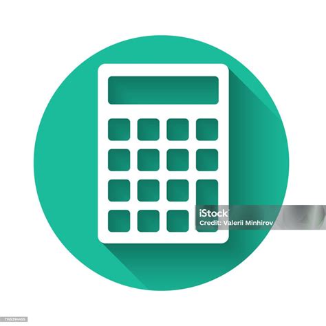 긴 그림자와 고립 된 흰색 계산기 아이콘 회계 기호입니다 비즈니스 계산 수학 교육과 금융 녹색 원 버튼을 클릭 합니다 벡터 일러스트 0명에 대한 스톡 벡터 아트 및 기타