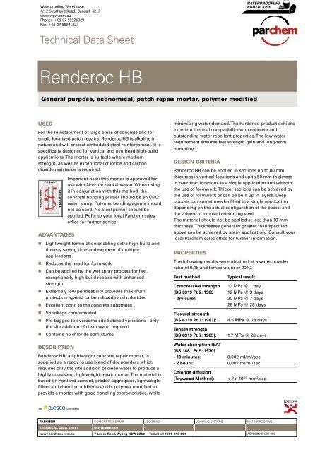 Parchem Renderoc Hb Data Sheet Waterproofing Warehouse