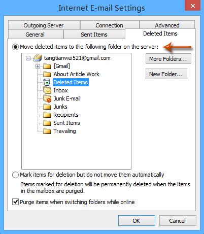How To Change Deleted Items Folder Of IMAP Accounts In Outlook