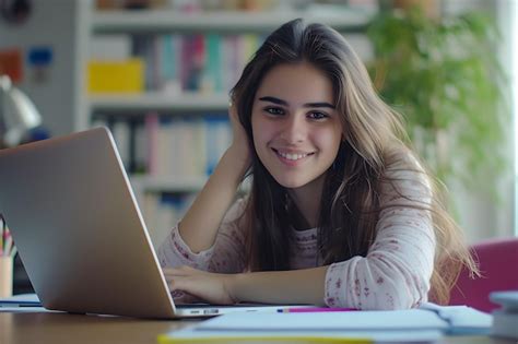 Premium Photo Young Lady With Laptop On Desk