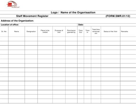 Staff Movement Register Free Printable Pdf Template
