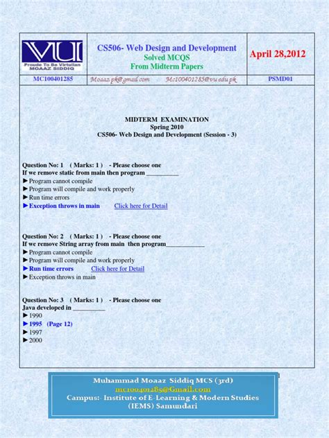 Cs506 Mcqs Solved From Midterm Papers Pdf Class Computer