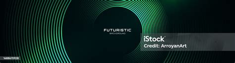 3d 녹색 테크노 추상적인 배경은 빛나는 원 선 효과 장식이 있는 어두운 공간에 겹쳐집니다 배너 전단지 카드 또는 브로셔 표지를 위한 현대적인 그래픽 디자인 요소 미래