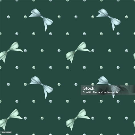 파스텔 블루와 그린 색상의 Coquette 리본과 구슬 축제 포장 종이 섬유 포장 직물 스크랩북 종이에 대 한 진한 녹색 배경에 손으로 그린 수채화 완벽 한 패턴 공단에