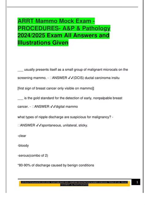 Arrt Mammo Mock Exam Procedures Aandp And Pathology 2024 2025 Exam All Answers And Illustrations