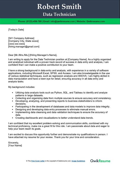 Data Technician Cover Letter Examples Qwikresume