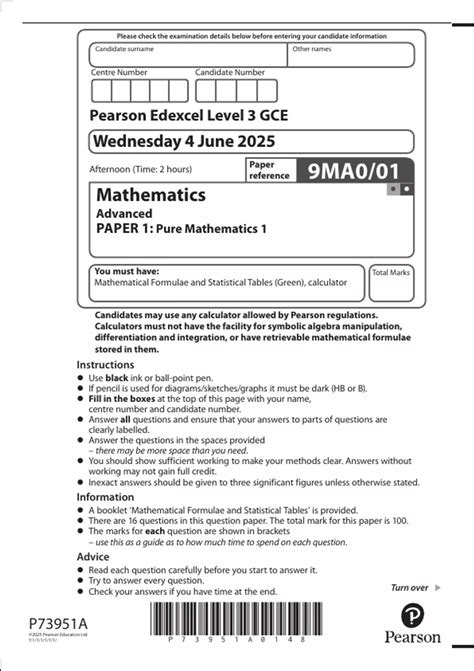 Edexcel A Level Mathematics 2025 Paper 1 Pure Question Paper Verified
