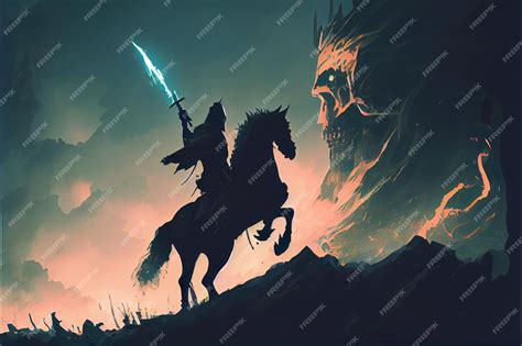 Человек на коне с мечом за спиной едет на гигантском монстре Премиум Фото