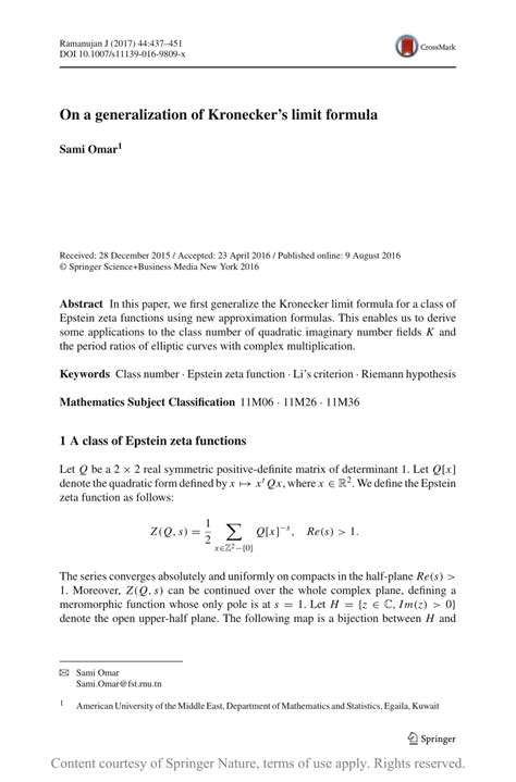 On A Generalization Of Kroneckers Limit Formula