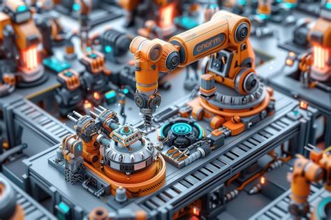 Orange Robotic Arm Assembling Components In Futuristic Lab Premium Ai Generated Image