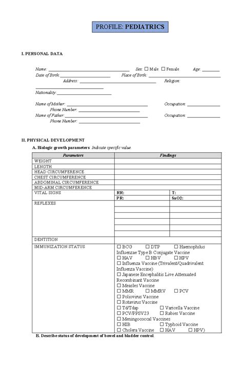 Profiling Pediatrics I Personal Data Name Sex ☐ Male