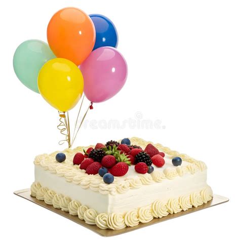 Square Cake With Balloons Isolated On White Background Stock