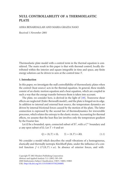Pdf Null Controllability Of A Thermoelastic Plate