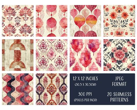 Boho Red Seamless Patterns Printable Digital Paper Commercial Use