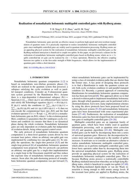 Pdf Realization Of Nonadiabatic Holonomic Multiqubit Controlled Gates With Rydberg Atoms