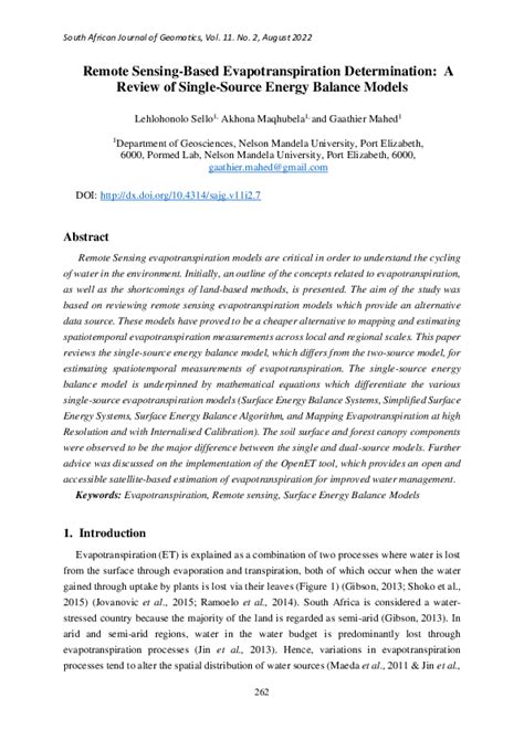 Pdf Remote Sensing Based Evapotranspiration Determination A Review Of Single Source Energy