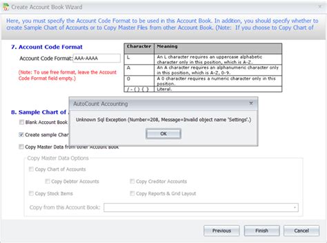 Accounting 20 Prompted Message Unable To Create New Account Book Error Message Unknown Sql
