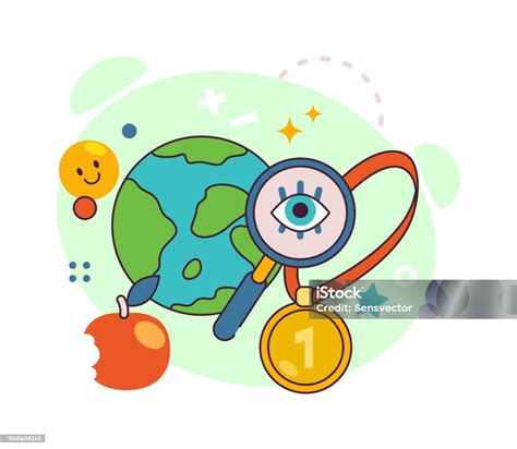 학교 또는 대학 교육 지리 수업 및 자연 발견 벡터 플랫 지구본과 경쟁 또는 도전에서 1위를 차지한 상 돋보기와 이모티콘 1위에 대한 스톡 벡터 아트 및 기타 이미지