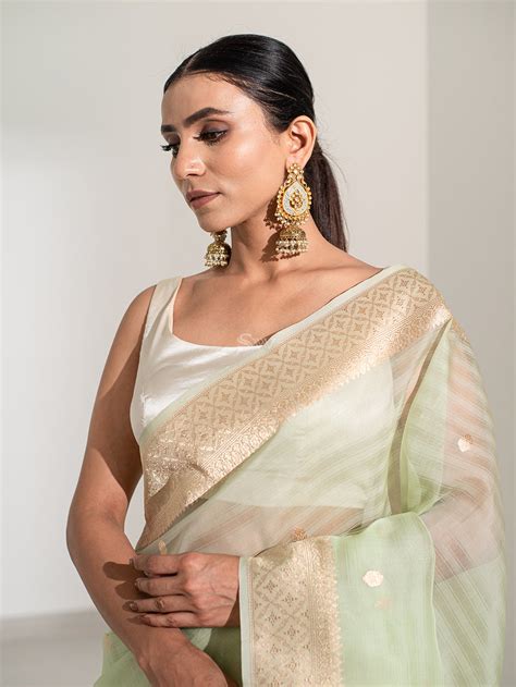 Pastel Pista Green Booti Organza Handloom Banarasi Saree Sacred Weaves