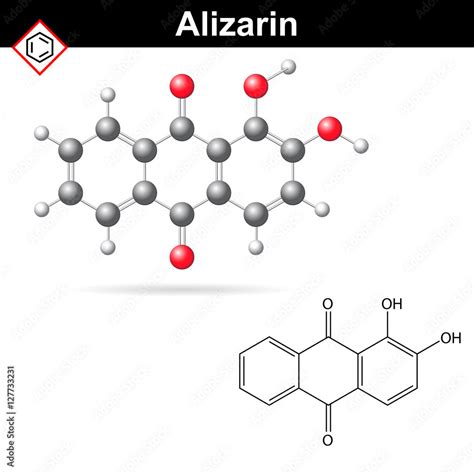 Structural Chemical Formula And Model Of Alizarin Dye Stock Vector