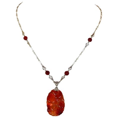 Vintage 20s Gold Carved Carnelian Necklace Victoria Sterling