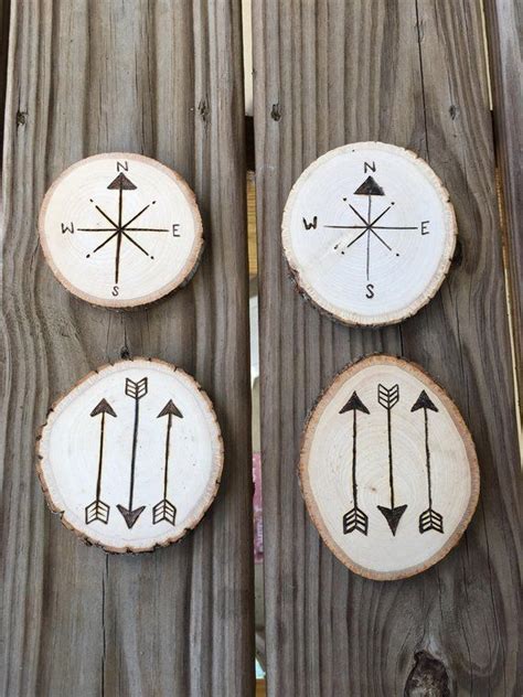 Set Of Four Basswood 3 4” Coasters Arrow And Compass Theme Wood Burn Designs Wood Burning
