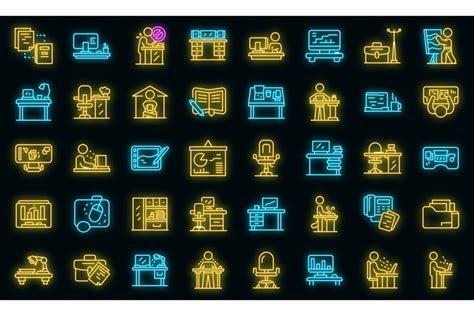 Ergonomic Workplace Icons Set Vector Neon