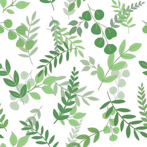 Hand Drawn Cartoon Greenery Seamless Pattern Isolated On White