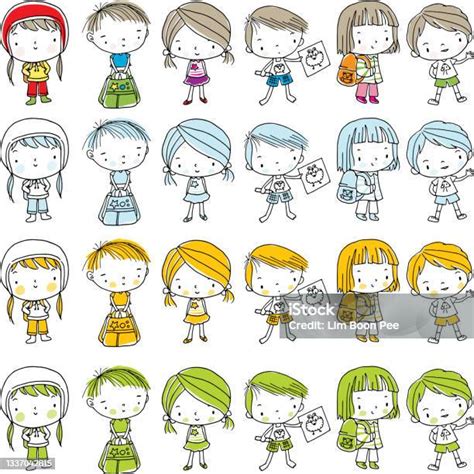 벡터 만화 어린이 소년과 소녀는 국경 배경 프레임 카드를 설정 개체 그룹에 대한 스톡 벡터 아트 및 기타 이미지 개체 그룹 귀여운 디자인 Istock