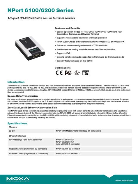 Moxa Nport 6100 6200 Series Datasheet V15 Pdf Computer Network