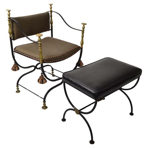 Set Mid 20th Century Italian Savonarola Wrought Iron Brass Chair