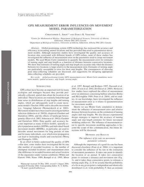 Pdf Gps Measurement Error Influences Movement Model Parameterization
