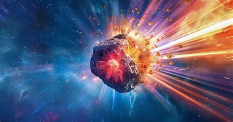 Exploding Asteroid Flying Through Outer Space With Glowing Debris And