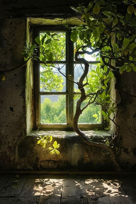 A Window With A Tree Growing Out Of It In An Abandoned Building Stock