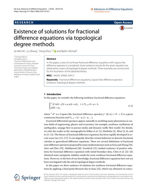 Pdf Existence Of Solutions For Fractional Difference Equations Via Topological Degree Methods