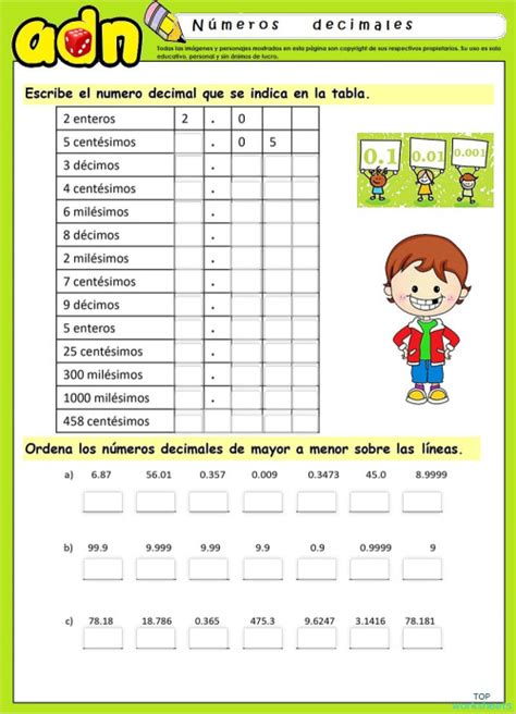 Números Decimales Ficha Interactiva Topworksheets