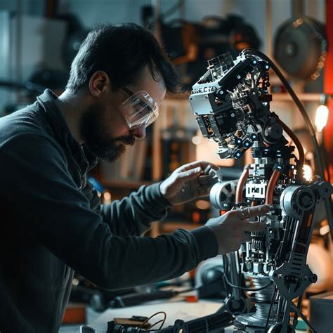 Robotics Engineer Examining Robot In Factory Premium Ai Generated Image
