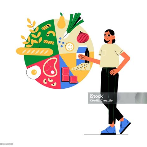 여성 영양 학자 건강 식단과 균형 잡힌 영양을 상징하는 평면 벡터 그림에서 성분과 음식 피라미드를 설명 흰색 배경에 고립되어 있습니다 식품 피라미드에 대한 스톡 벡터 아트