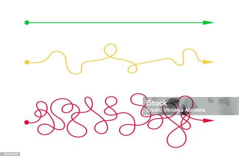 처음부터 끝까지 직선과 곡선의 혼란스러운 라인 기대와 현실 쉽고 어려운 방법 개념 다른 계획 또는 생명 시나리오 기호 Contingency Plan에 대한 스톡 벡터 아트