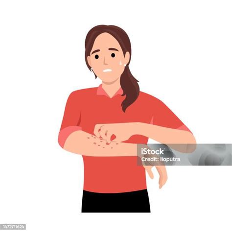 불행한 고통받는 여자는 그녀의 손에 피부를 긁는다 알레르기 건선 가려움증 아토피 성 피부염 습진 건조 발적과 같은 다양한 피부 문제 바이러스 질병 및 습진 개념 피부에 대한