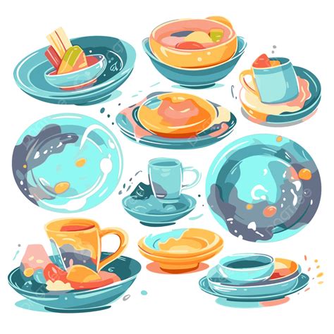 Wash Dishes Vector Sticker Clipart Set Of Colorful Dishes And Cups