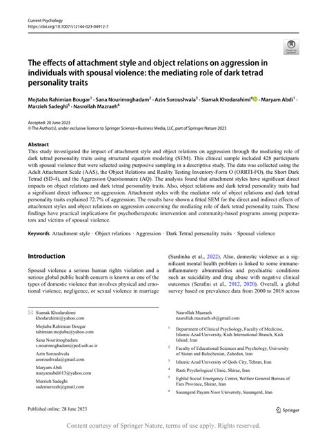 The Effects Of Attachment Style And Object Relations On Aggression In